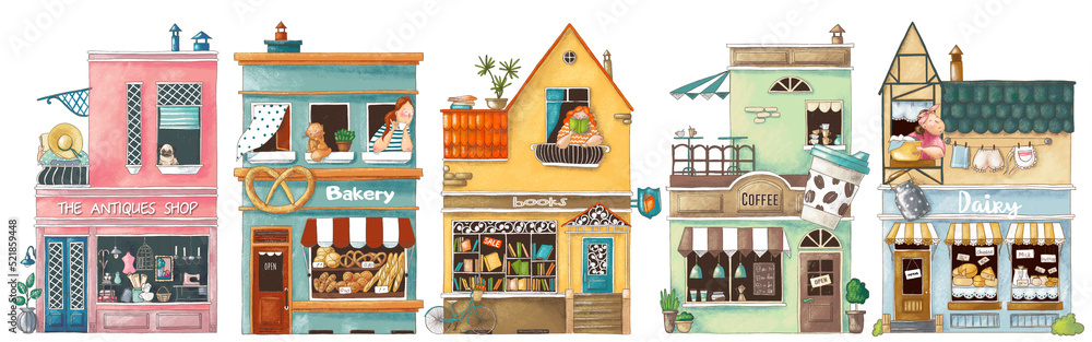 City houses clipart. Town buildings. Cute shops illustrations. City ...