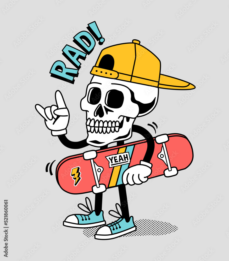 Cartoon skater skull character illustration. Vector graphic for apparel ...