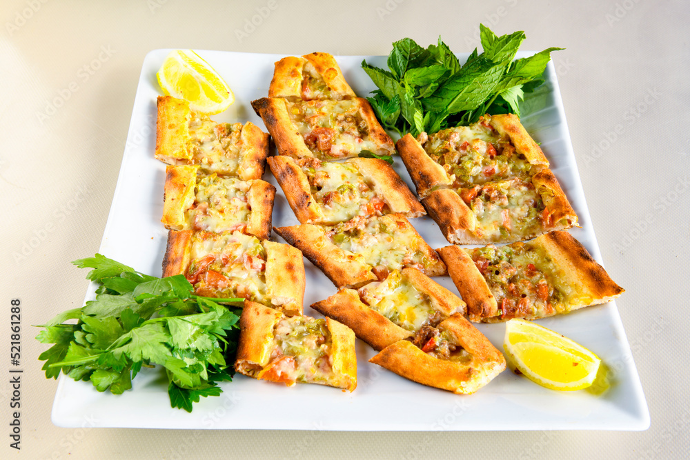 Turkish pita with minced cubed meat and cheese (Turkish name: Kiyma ...