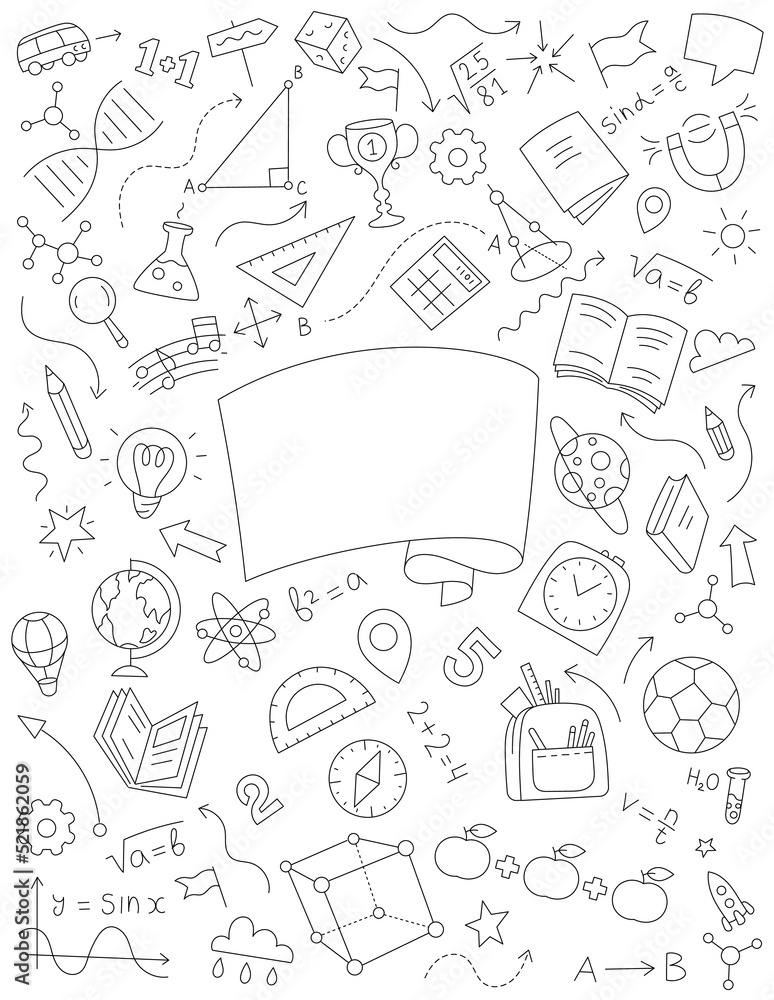 School yearbook cover. Sketch doodle background. Hand drawn vector line ...