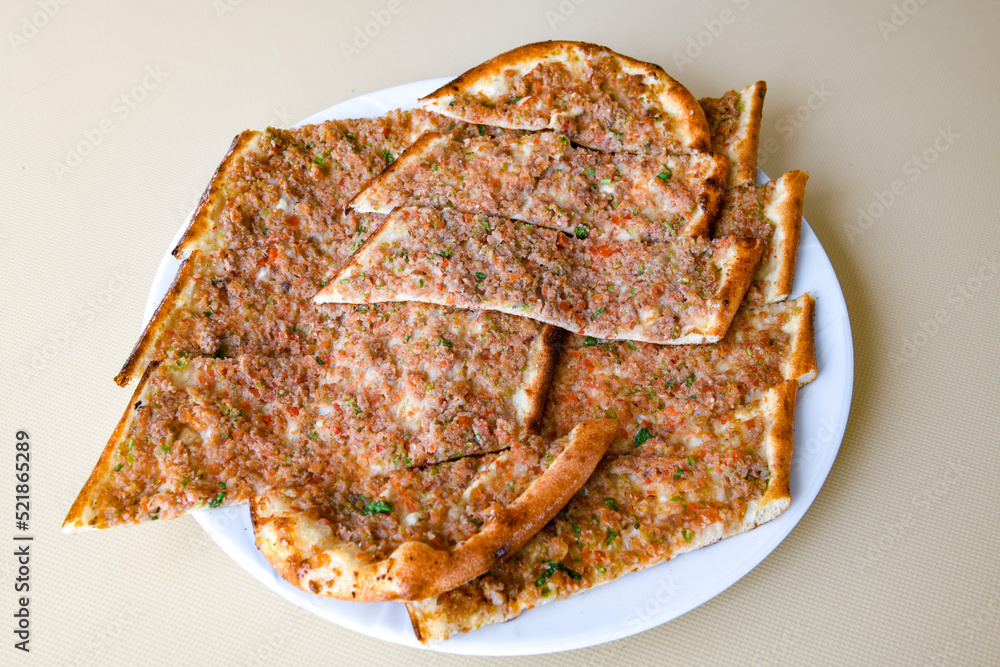Turkish pita with minced cubed meat and cheese (Turkish name: Kiyma ...