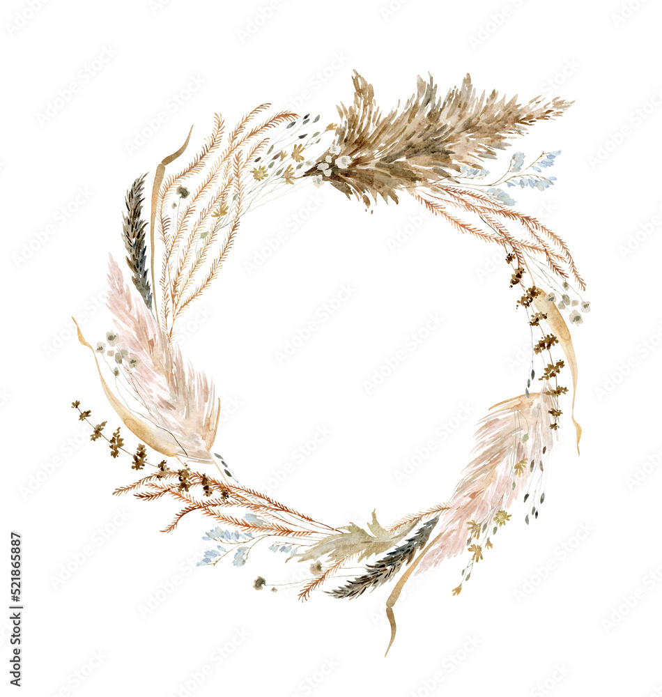 Wildflowers, herbs boho bouquet painted in watercolor. Dried pampas ...