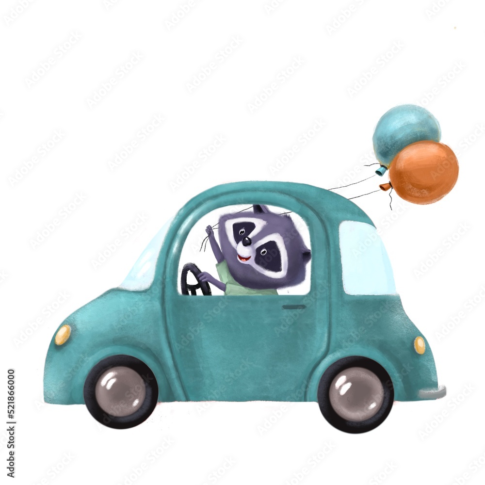 cute raccoon with balloons, watercolor illustration, children's clipart ...