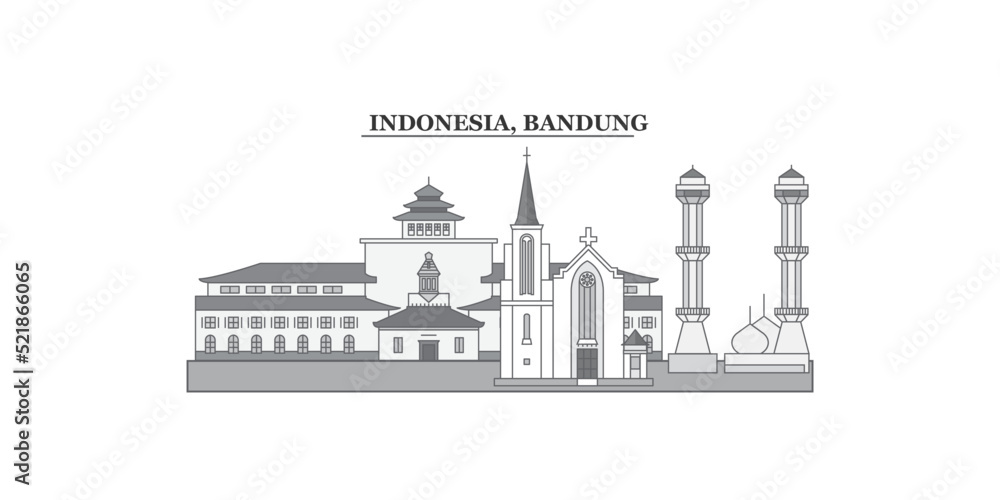 Indonesia, Bandung city skyline isolated vector illustration, icons ...