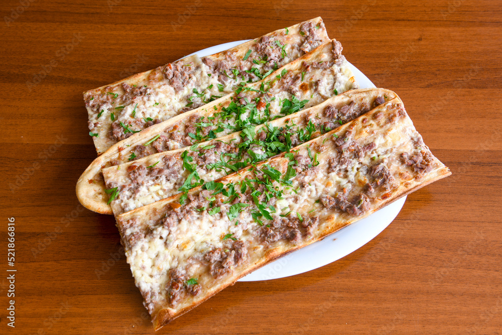 Turkish pita with minced cubed meat and cheese (Turkish name: Kiyma ...