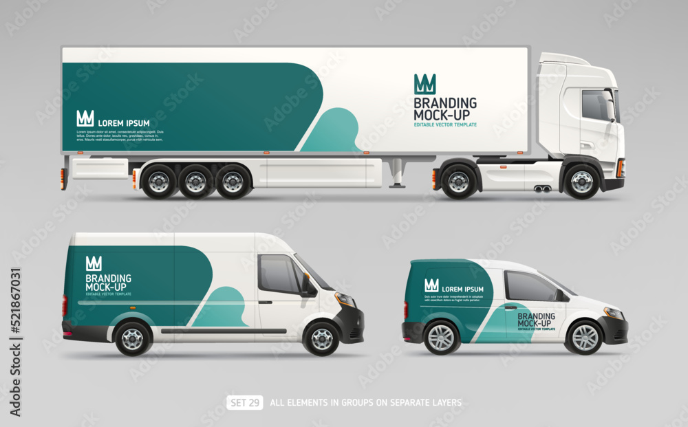 Grafika wektorowa Stock: Truck Trailer, Cargo Van, Freight Car with ...