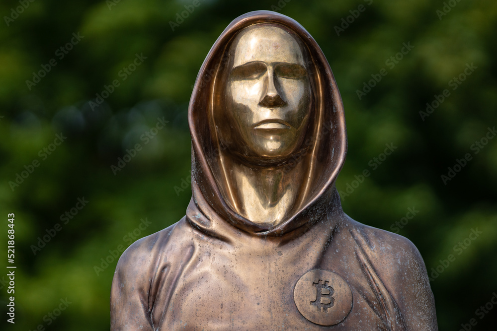 Portrait of the statue of Satoshi Nakamoto mysterious founder of ...