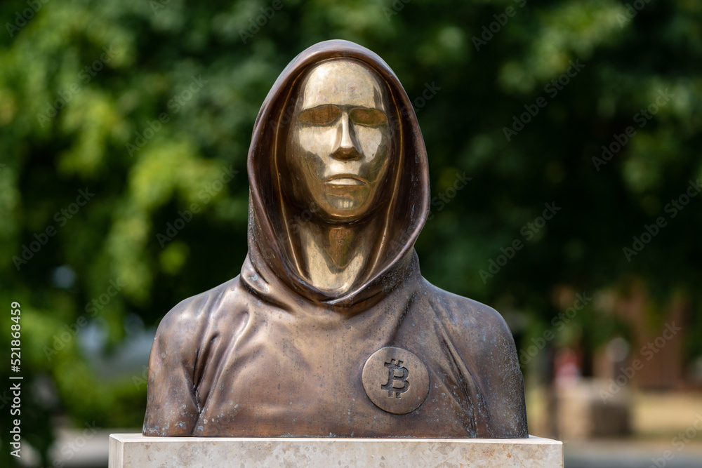 Portrait of the statue of Satoshi Nakamoto mysterious founder of ...