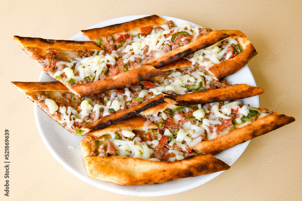 Turkish pita with minced cubed meat and cheese (Turkish name: Kiyma ...
