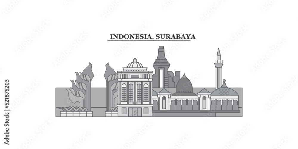 Indonesia, Surabaya city skyline isolated vector illustration, icons ...