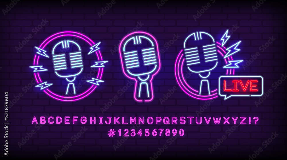 Neon sign with microphone in round frame and live chat or music. Live ...