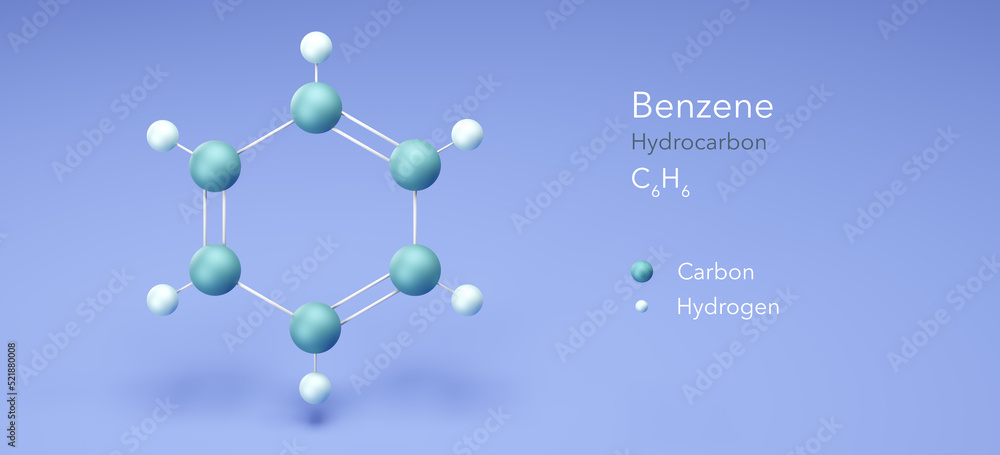 benzene, aromatic hydrocarbon. molecular structures, 3d rendering ...