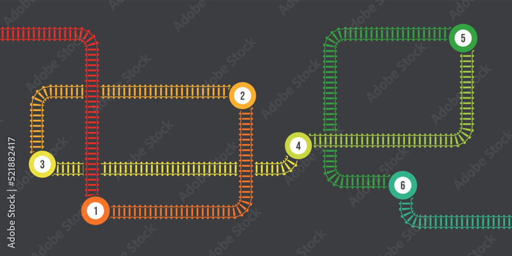 Vector illustration of curved railroad with marks isolated on dark ...
