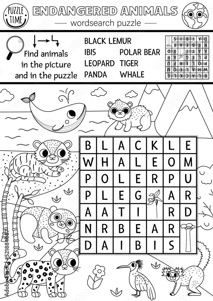 Vector ecological wordsearch puzzle for kids with endangered species ...