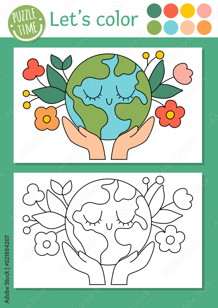 Ecological coloring page for children with planet. Vector eco awareness ...