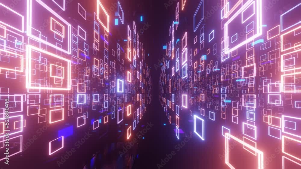 Fly through mirror designs form tunnel technology cyberspace with neon ...