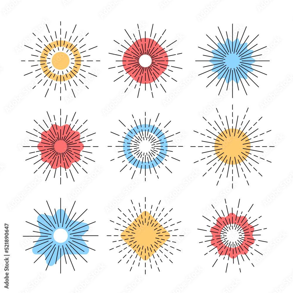 Sunburst set. Sun burst, rays collection. Line drawing. Vector ...