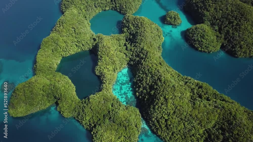 Palau, Rock Islands. Aerial footage of limestone island with Beautiful ...