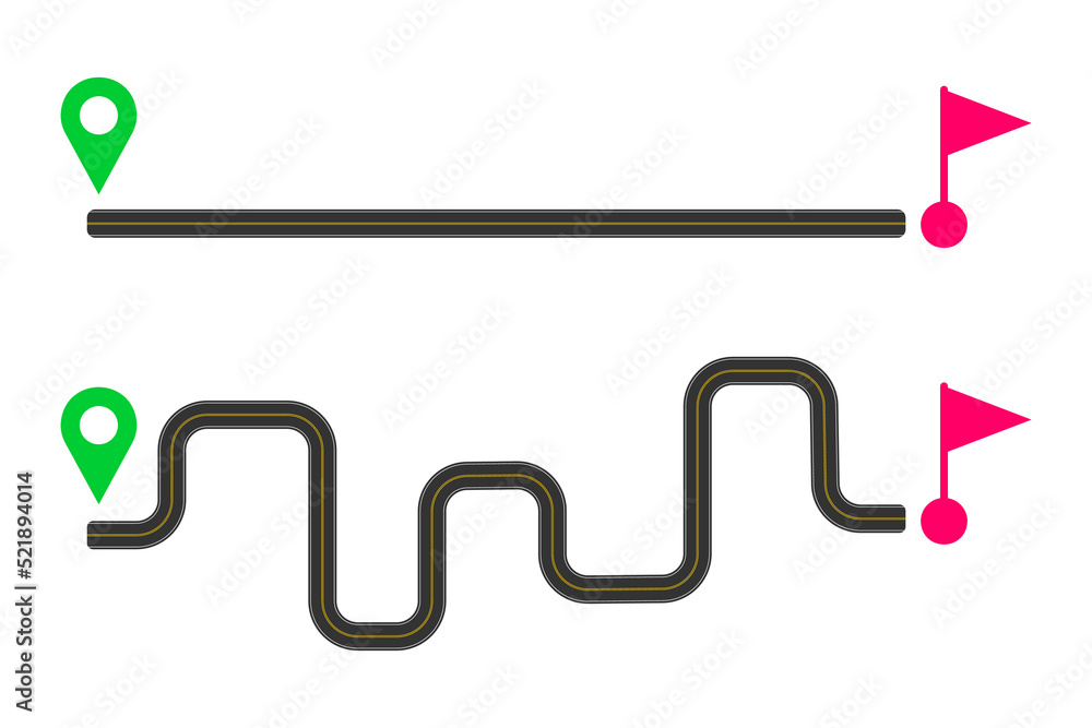 Straight and curved roads with markup from start map pin to finish flag ...