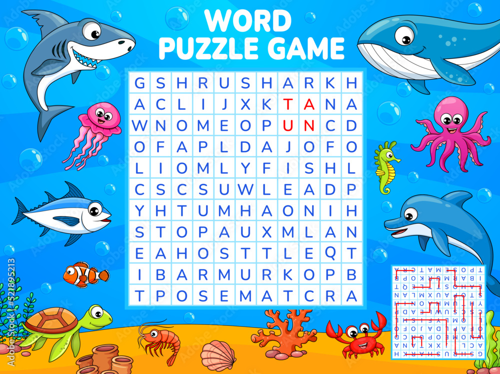 Cartoon funny underwater animals and fish word search puzzle game ...