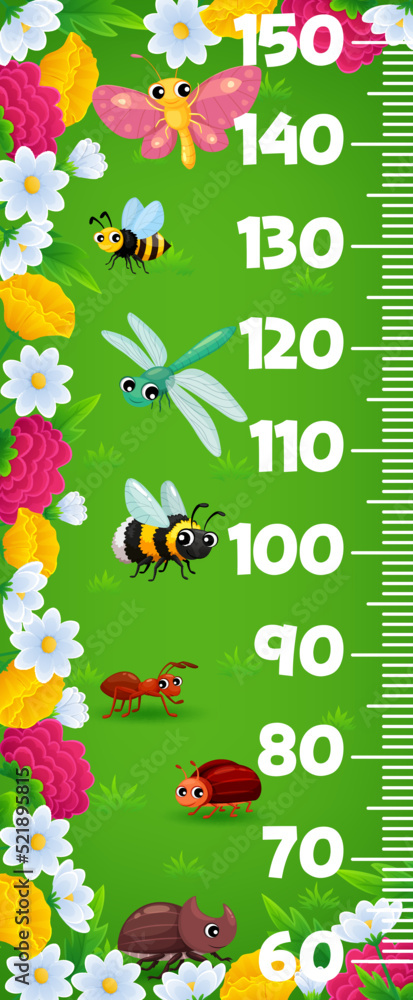 Kids height chart, cartoon insect characters on summer meadow vector ...