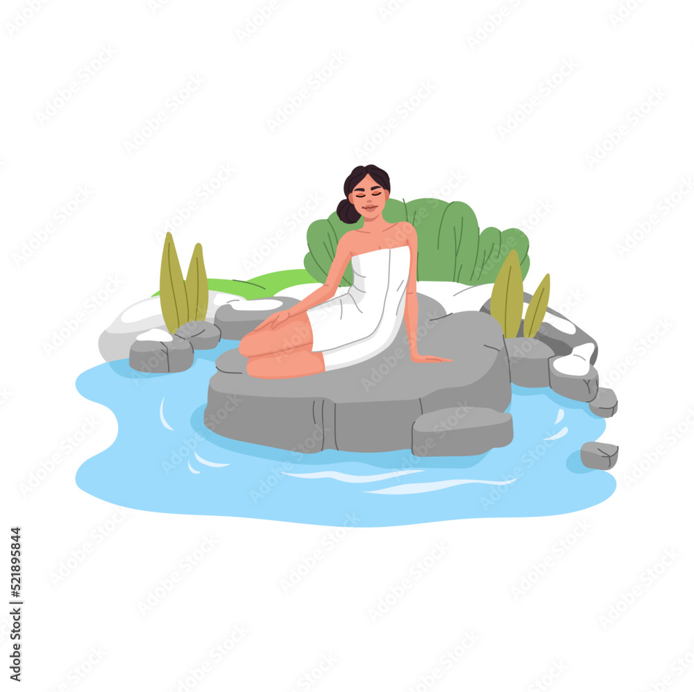 Japan onsen hot spring bath tub. Woman with towel relaxing in thermal ...