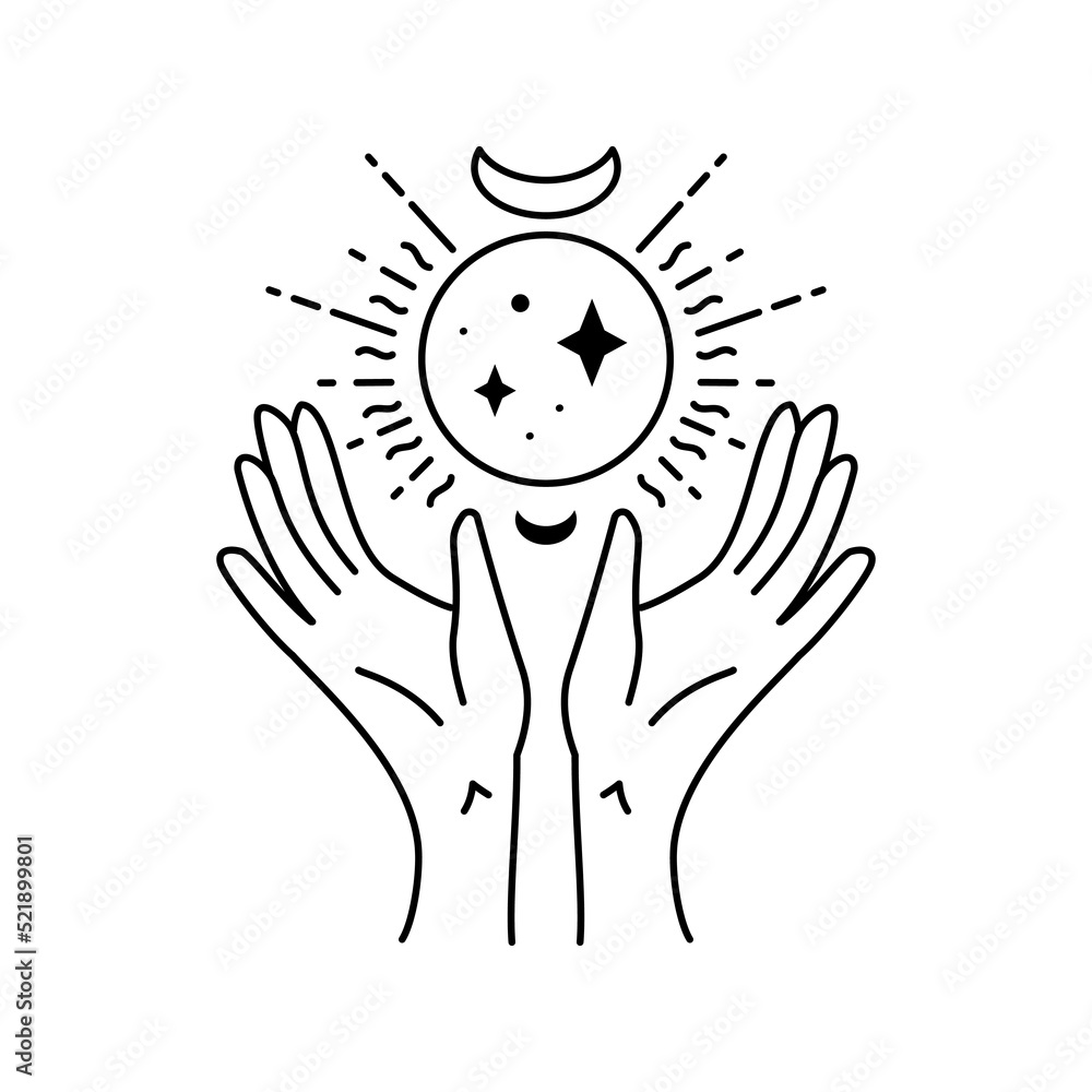 Hands holding the planet. Stars. Magic boho symbol. Gypsy sacred ...