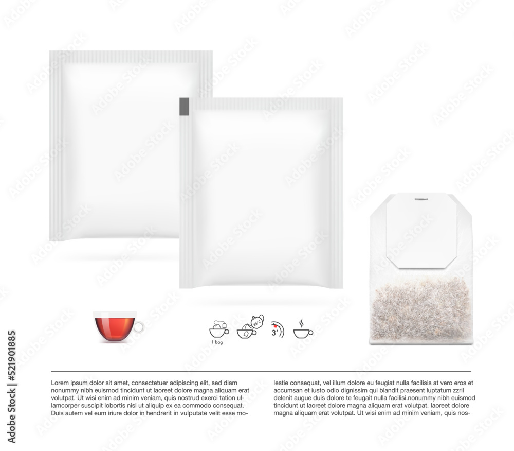 Realistic tea sachet mockup set. Front view. Vector illustration ...