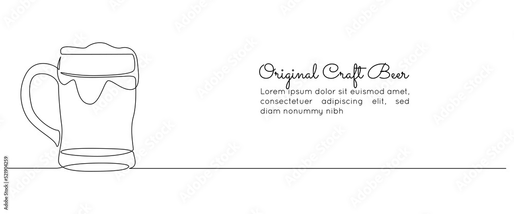 Continuous one line drawing of beer glass with dripping foam. Craft ...