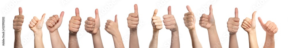 Collage with photos of people showing thumbs up gestures on white ...