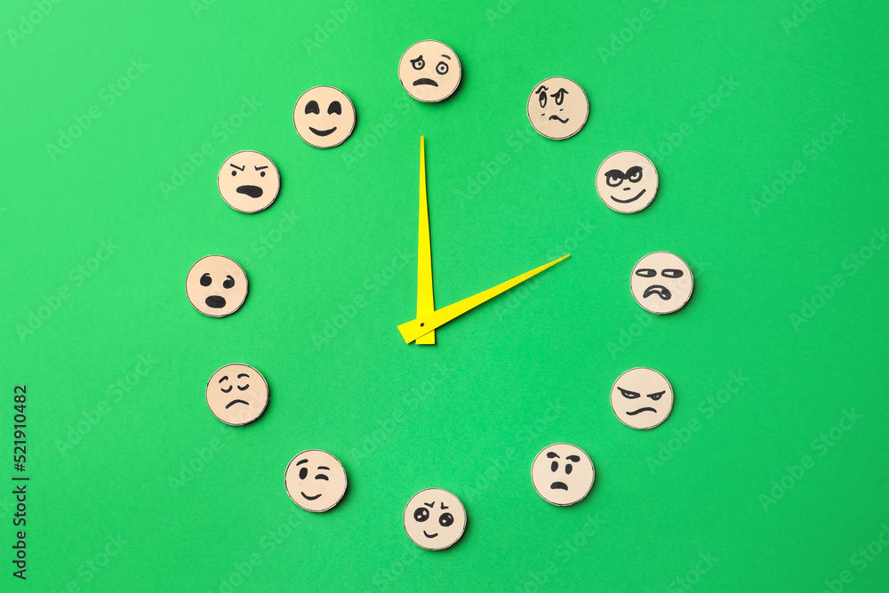 Mood indicator on green background, flat lay. Emotional management ...