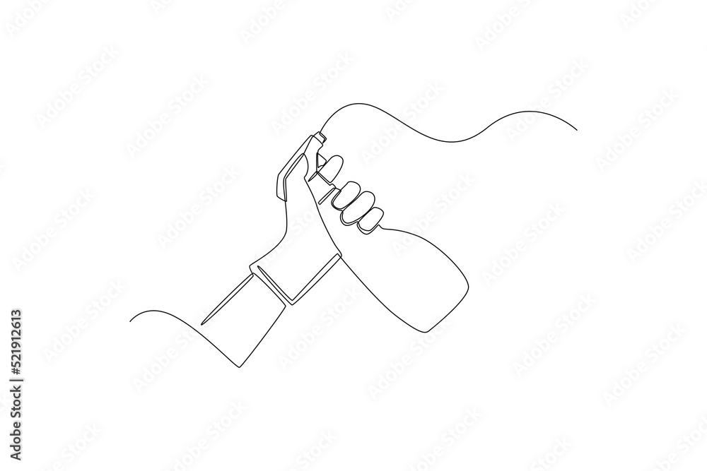 Continuous one line drawing Man in gloves holds bottle of antiseptic ...
