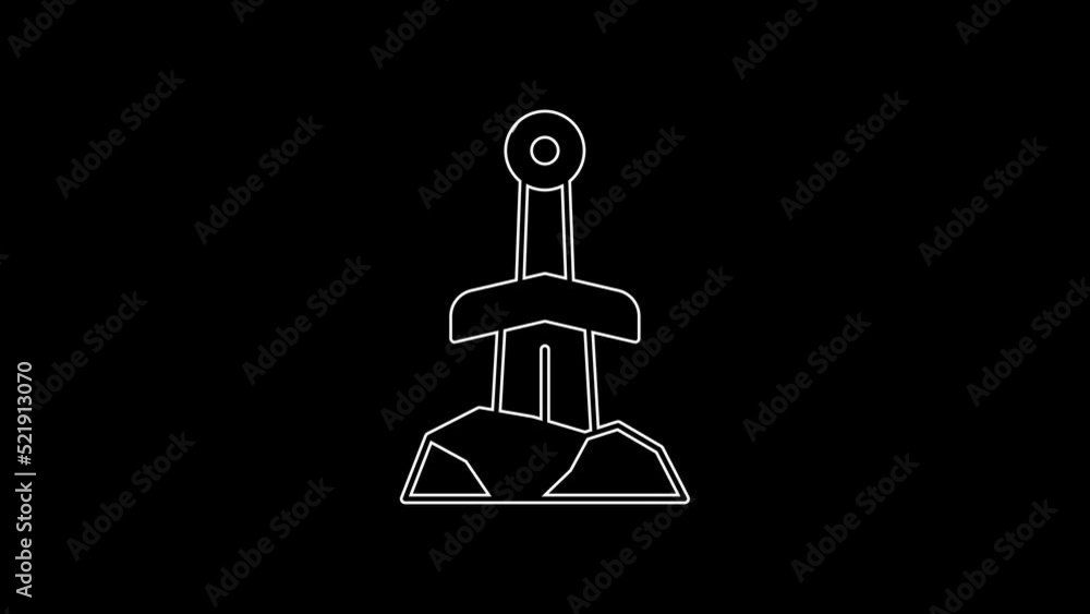 White line Sword in the stone icon isolated on black background ...
