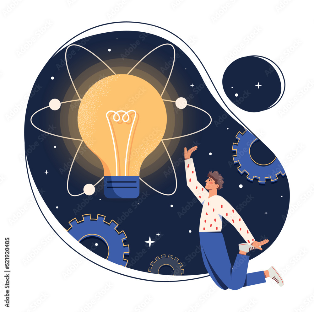 Concept of innovation. Man flies in space next to large light bulb ...