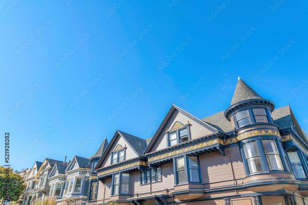 Queen anne victorian house with two dormer roofs and turret towers in ...