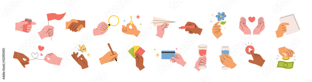 Hands holding various objects, hands expressing something. flat design ...