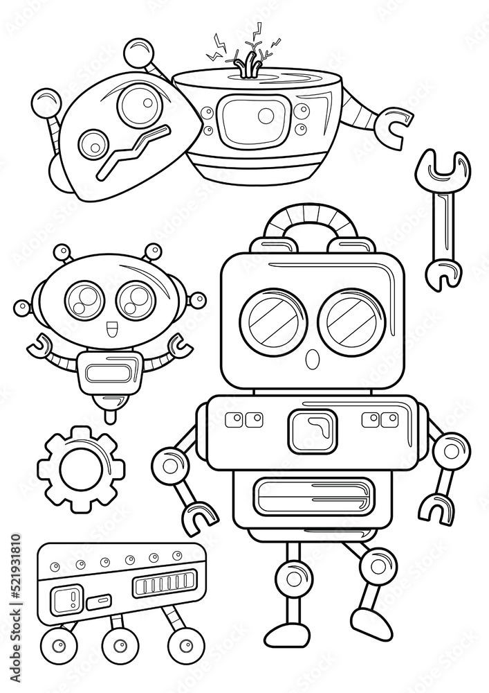 Repairing Robot and Kids Theme Coloring Pages A4 for Kids and Adult ...