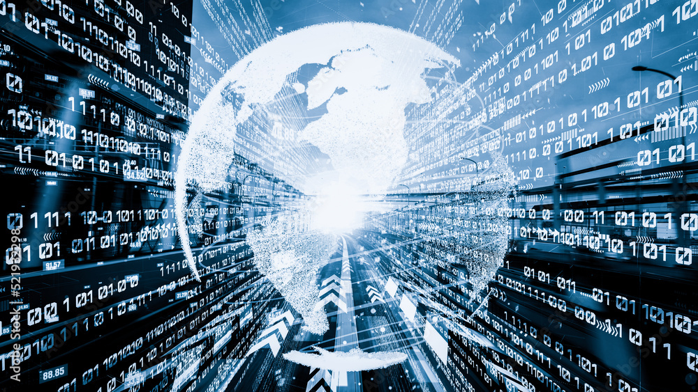 Futuristic global network and tacit digital data transfer 3D graphic . Concept of smart digital ...