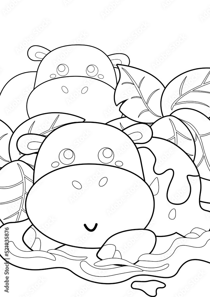 Hippo Animal Theme Coloring Pages A4 for Kids and Adult Stock Vector ...