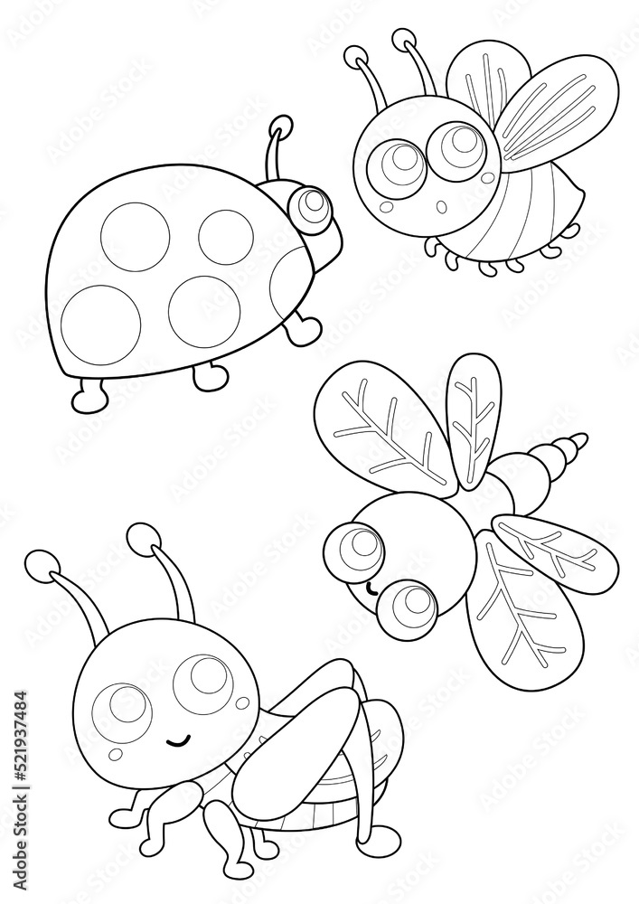 Insects Animal Theme Coloring Pages A4 for Kids and Adult Stock Vector ...