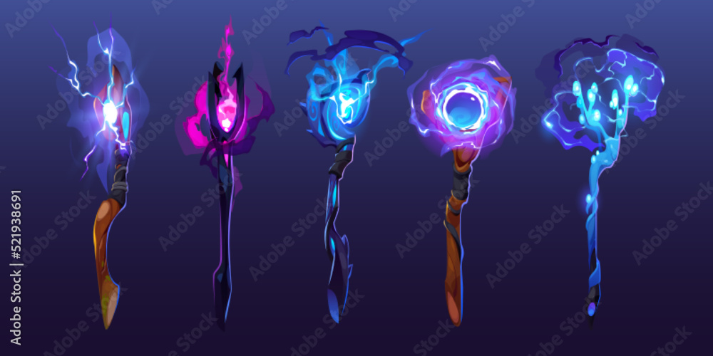 Magic staves with vfx of spells, wizard or magician scepters isolated ...