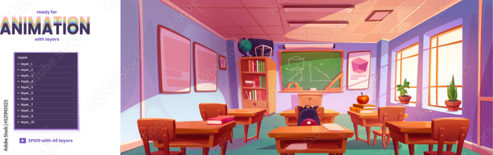 School classroom for math learning with chalkboard, wooden tables and ...