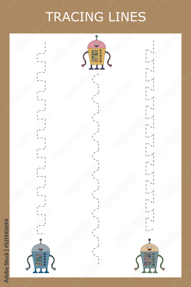 Trace line worksheet with robots for kids, practicing fine motor skills ...