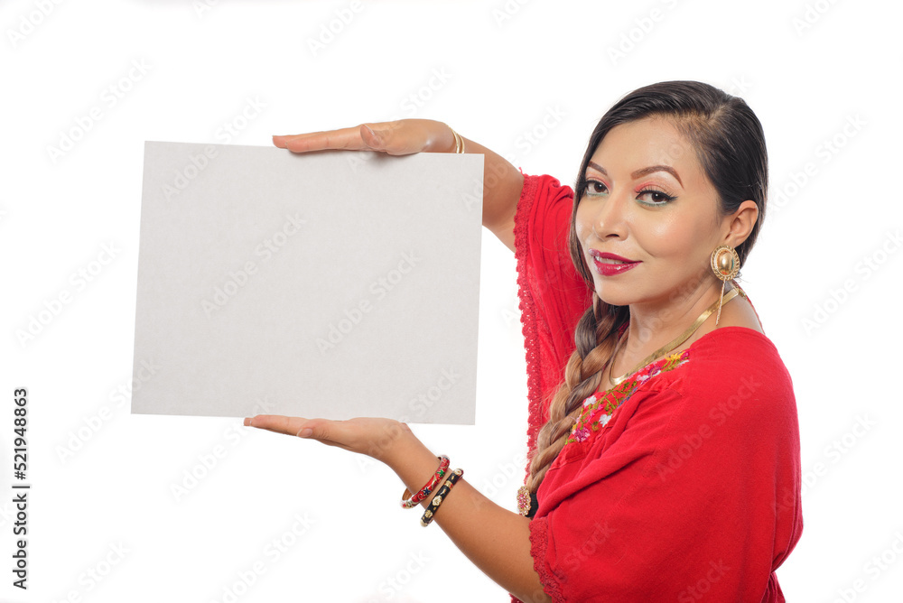 Mexican woman holding a blank poster. Portrait of Mexican woman in ...