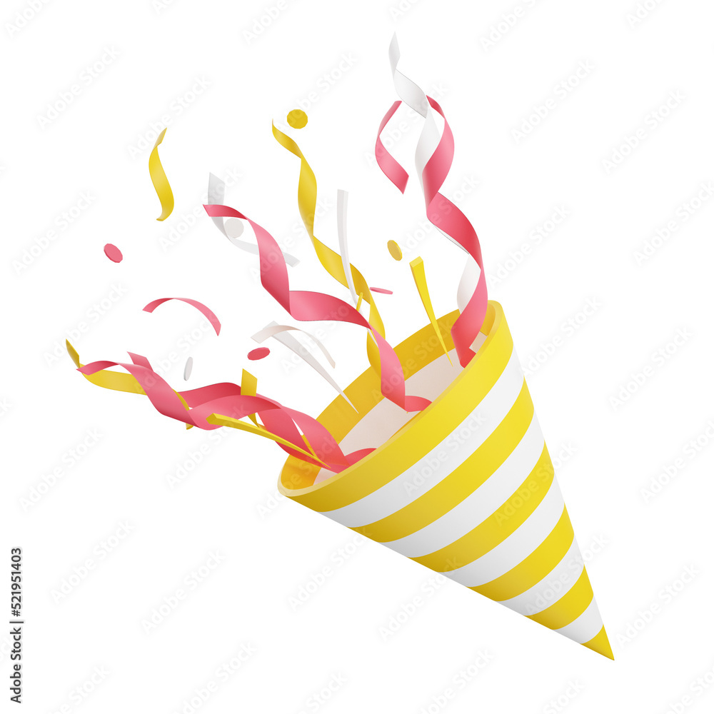 Party popper with flying confetti 3d render illustration. Firecracker ...