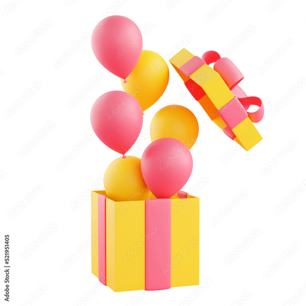 Open gift box with floating balloons 3d illustration. Birthday or ...