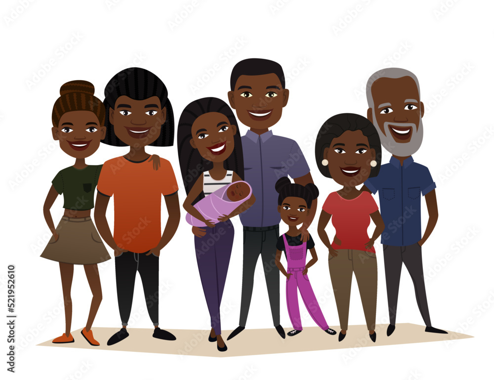 Big happy black family isolated vector illustration. Mother, father ...