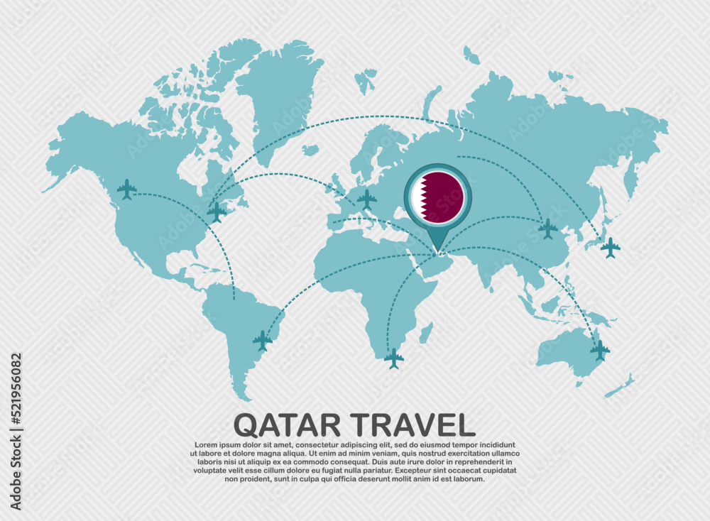Travel to Qatar poster with world map and flying plane route business ...