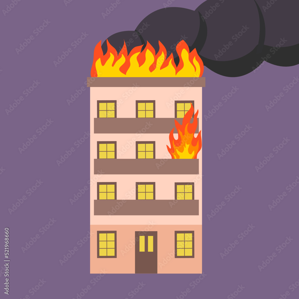 Fire burning tower of apartment building. Orange flames on the roof and ...