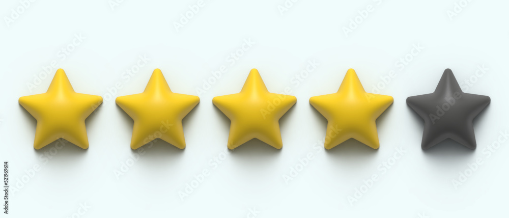 Glossy yellow 3d four star rating. 3D render image. 4 stars of 5. Golden star shape. Quality of ...
